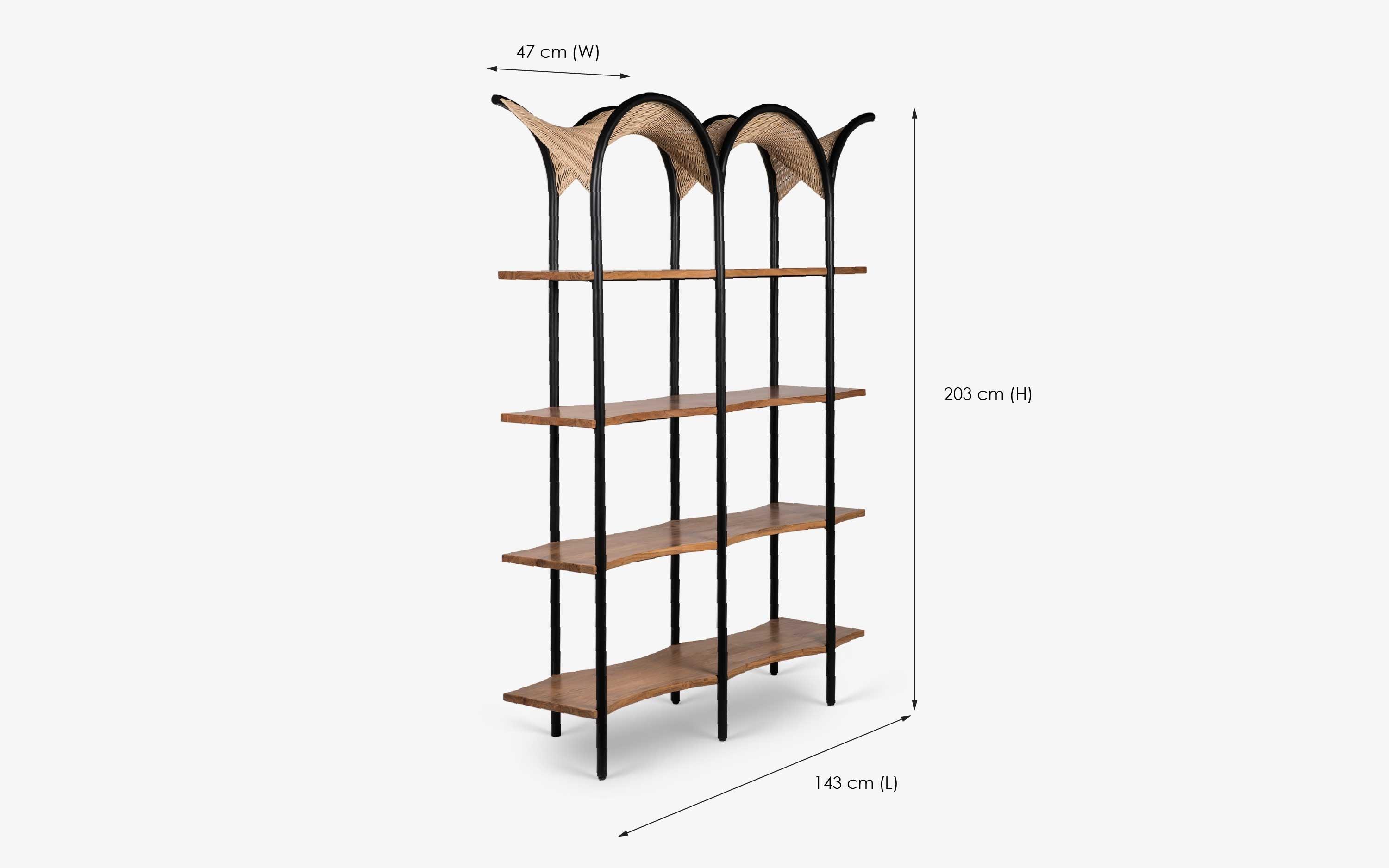 Andaman Katchal Bookshelf crafted with solid wood, rattan weave, and steel