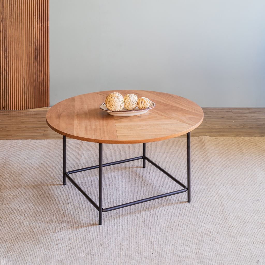 Kiara Round Wooden Top Coffee Table With Metal Base
